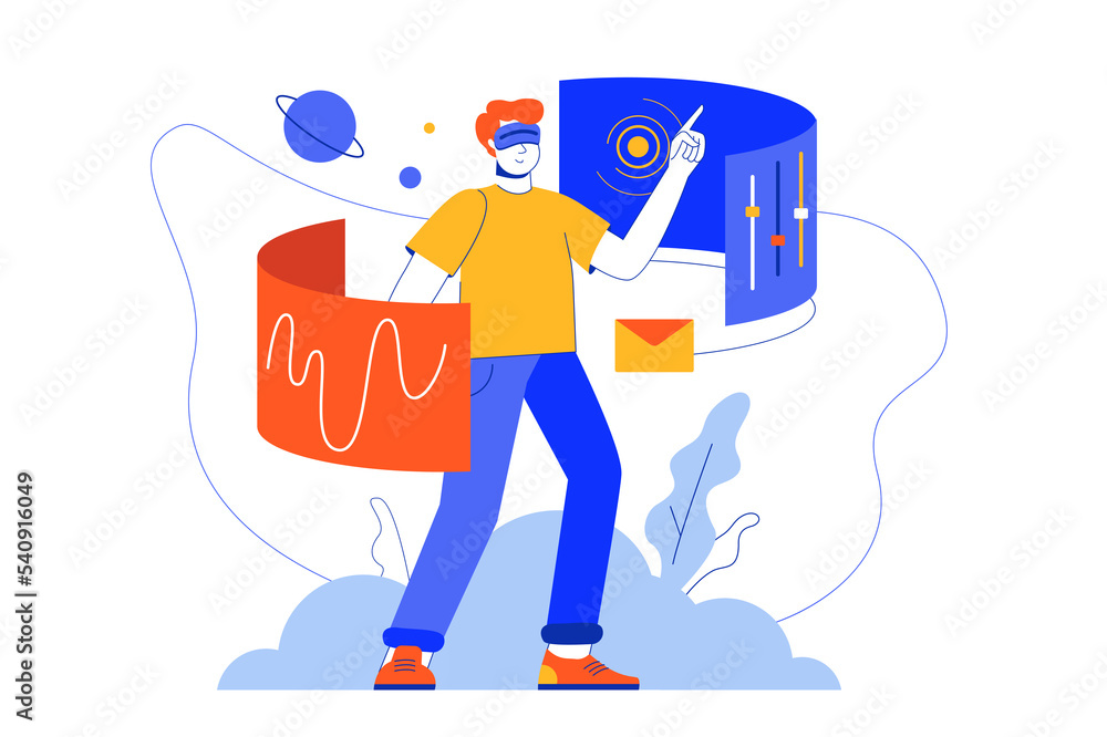 Cyberspace web concept. Man in virtual reality glasses studying or ...