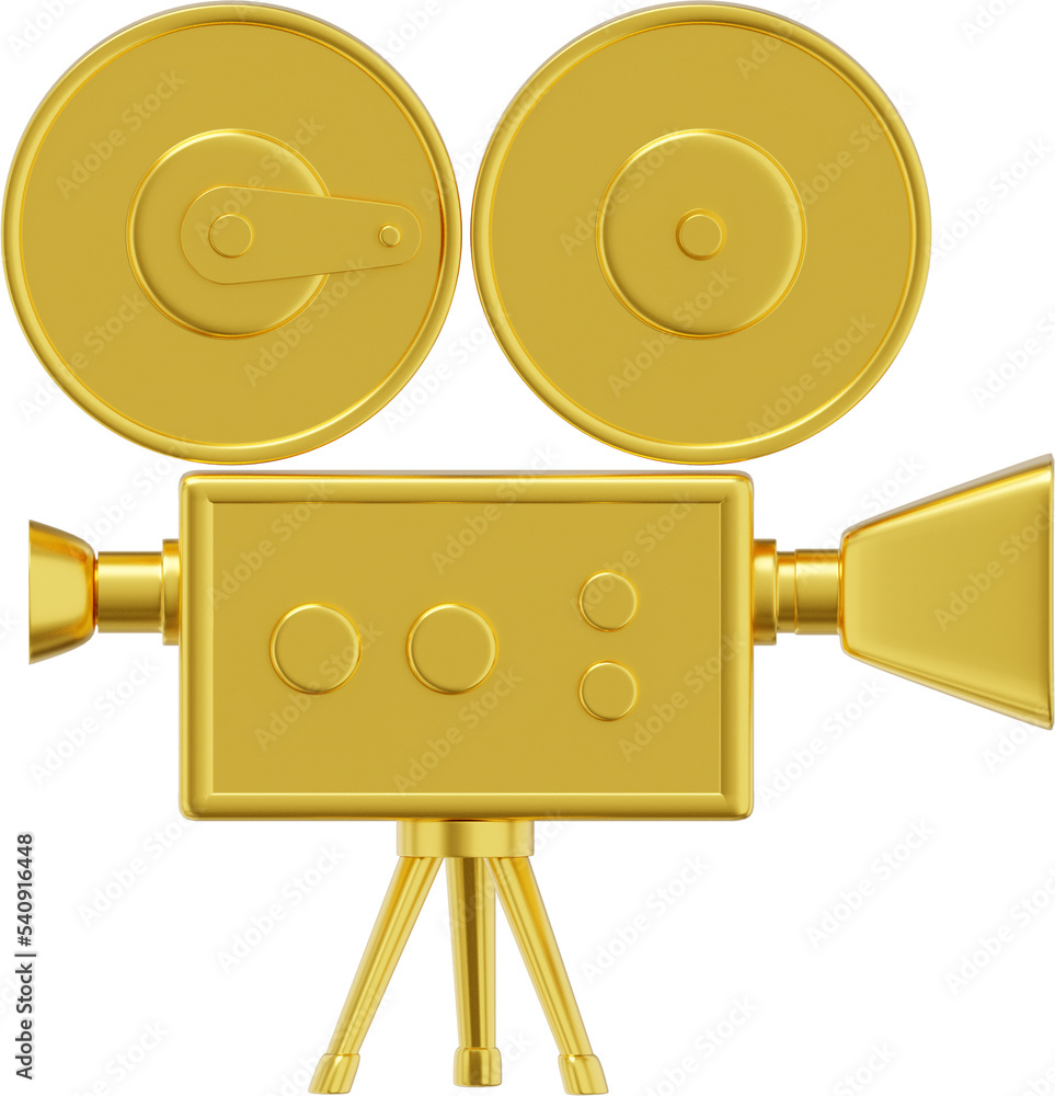 Vintage gold cartoon style movie camera. Funny retro video camera. 3D ...