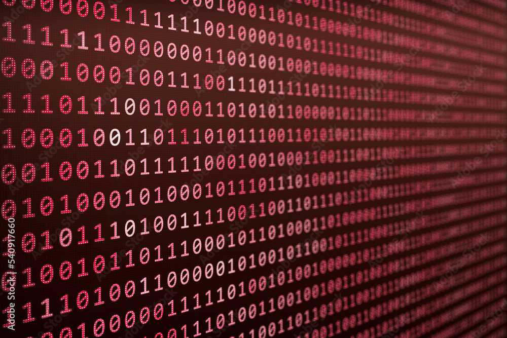 Red binary code texture in perspective with blur. Danger or system ...