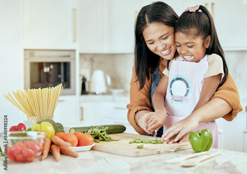 Happy, mother and child learning to cook with smile for help, guidance ...