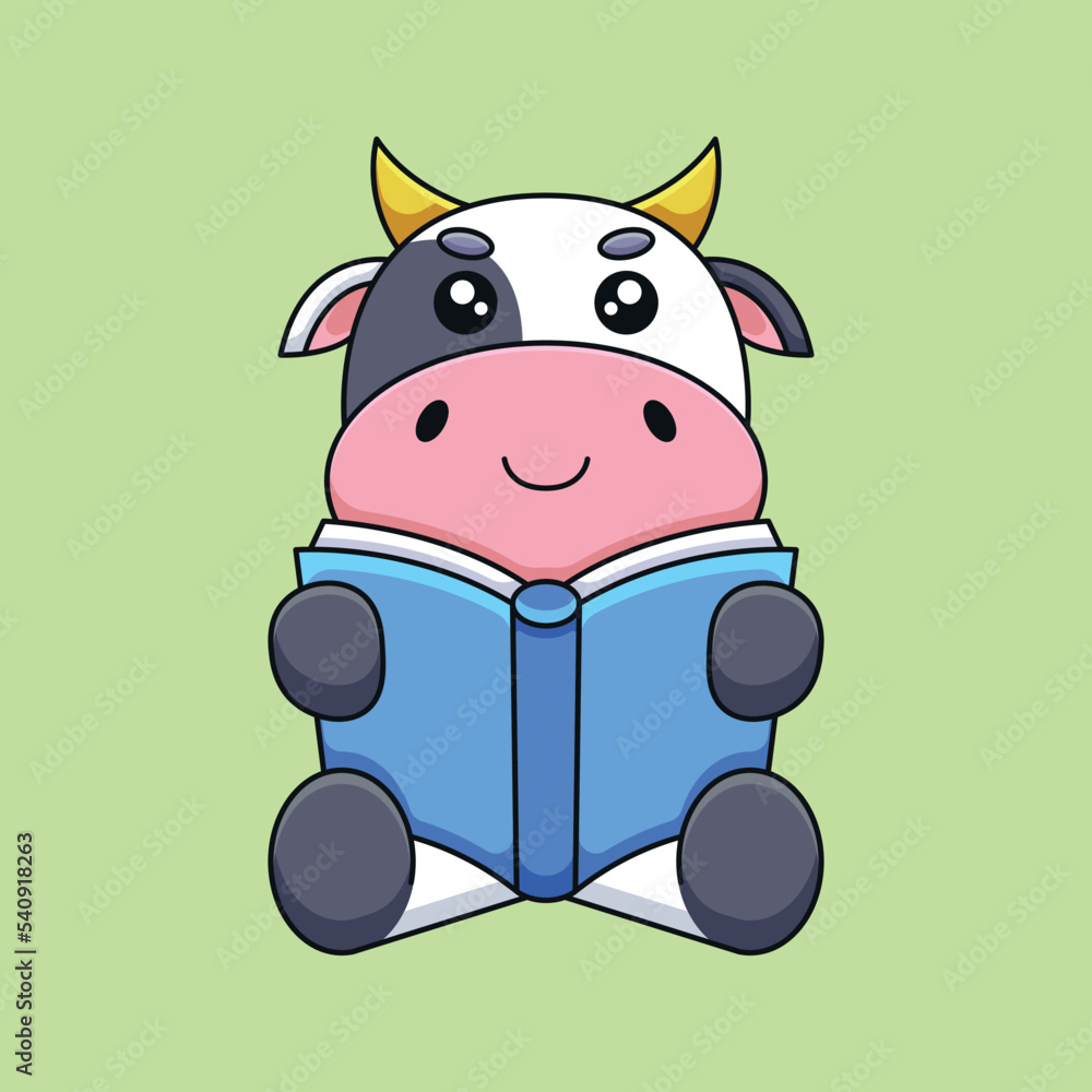 cute cow reading book cartoon mascot doodle art hand drawn concept ...