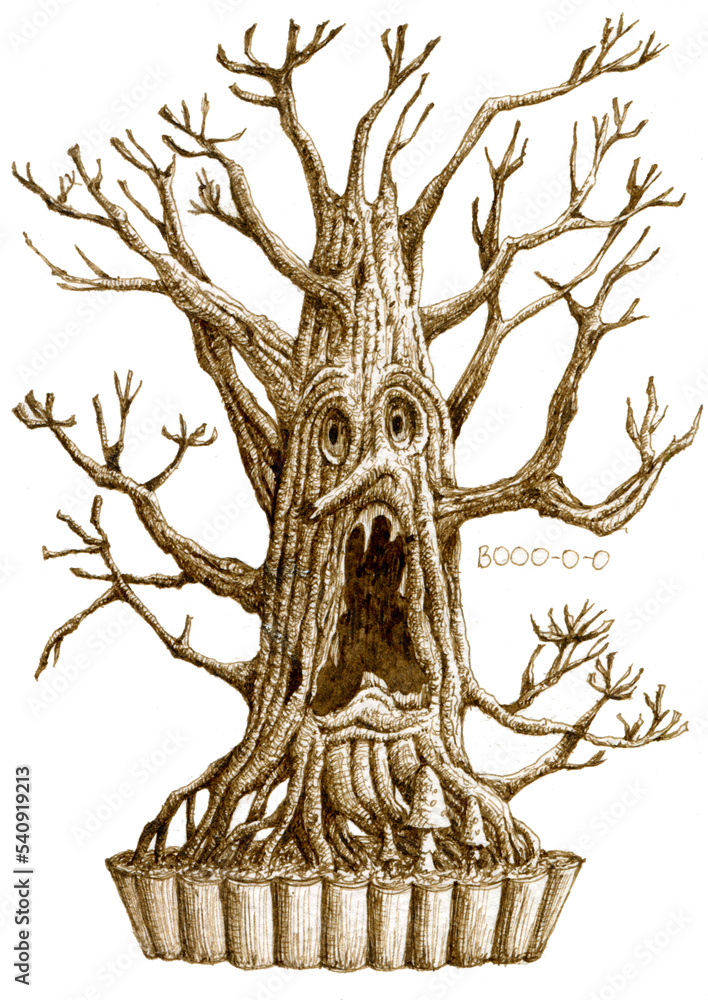 Bonsai dryad or monster tree with vase, grass, branches and stems. Hand ...