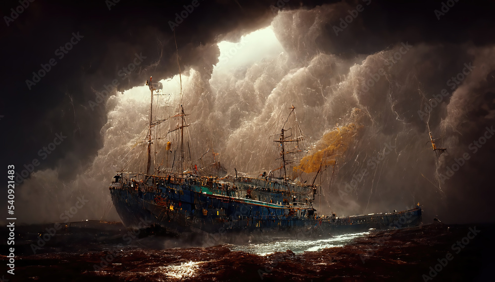 AI generated image of an ocean sailing ship in distress, struggling to ...
