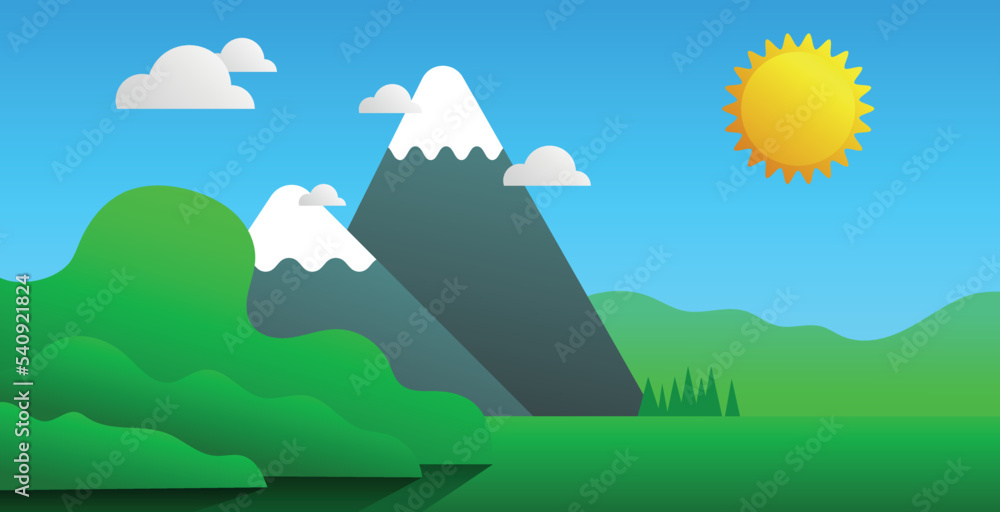 Cartoon illustration summer landscape with mountains and clouds Stock ...