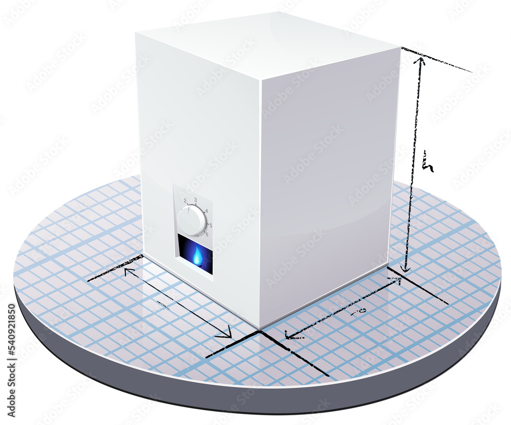 3D gas boiler with the flame of its blue pilot placed on a graph paper ...