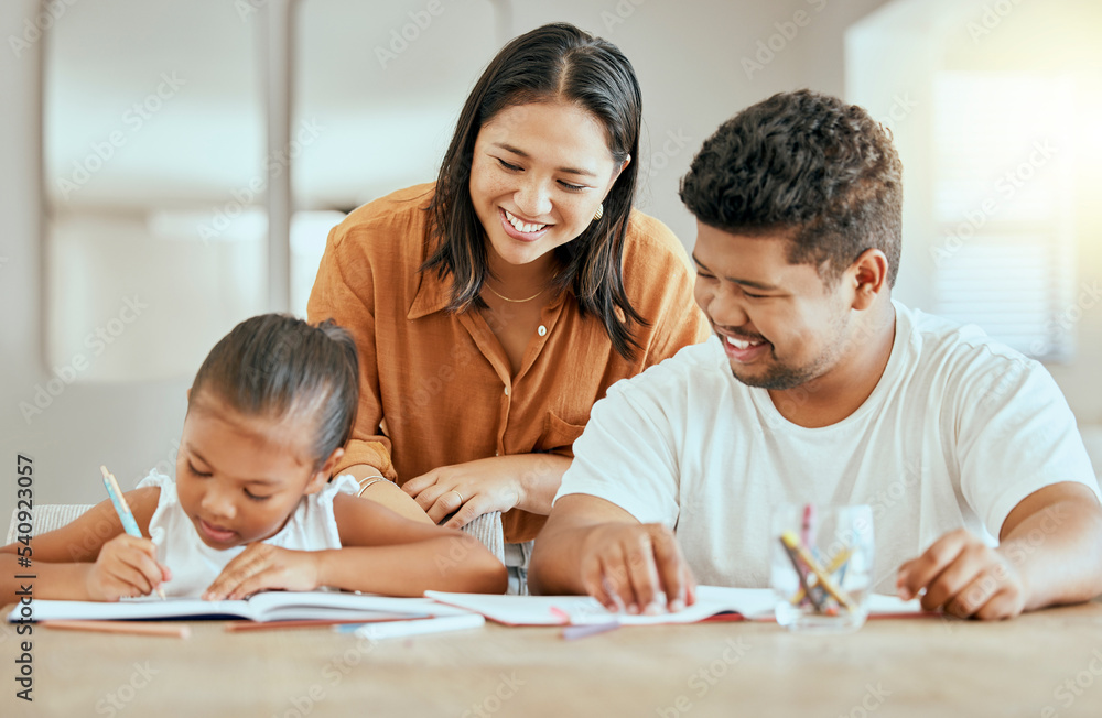 Home, education and parents with chid writing, helping and book ...