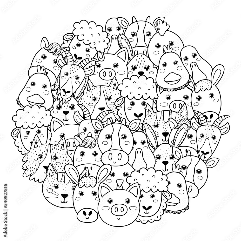 Farm animals circle shape pattern for coloring book. Cute farm ...