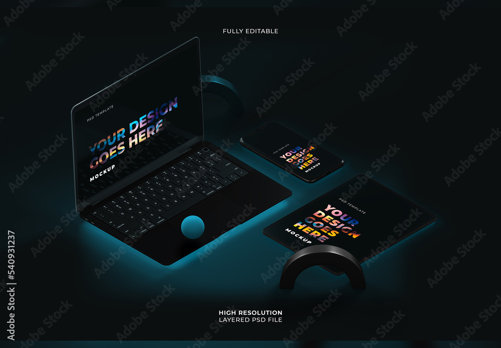Black Smartphones Mockup with Laptop Computer on Dark Blue Background ...
