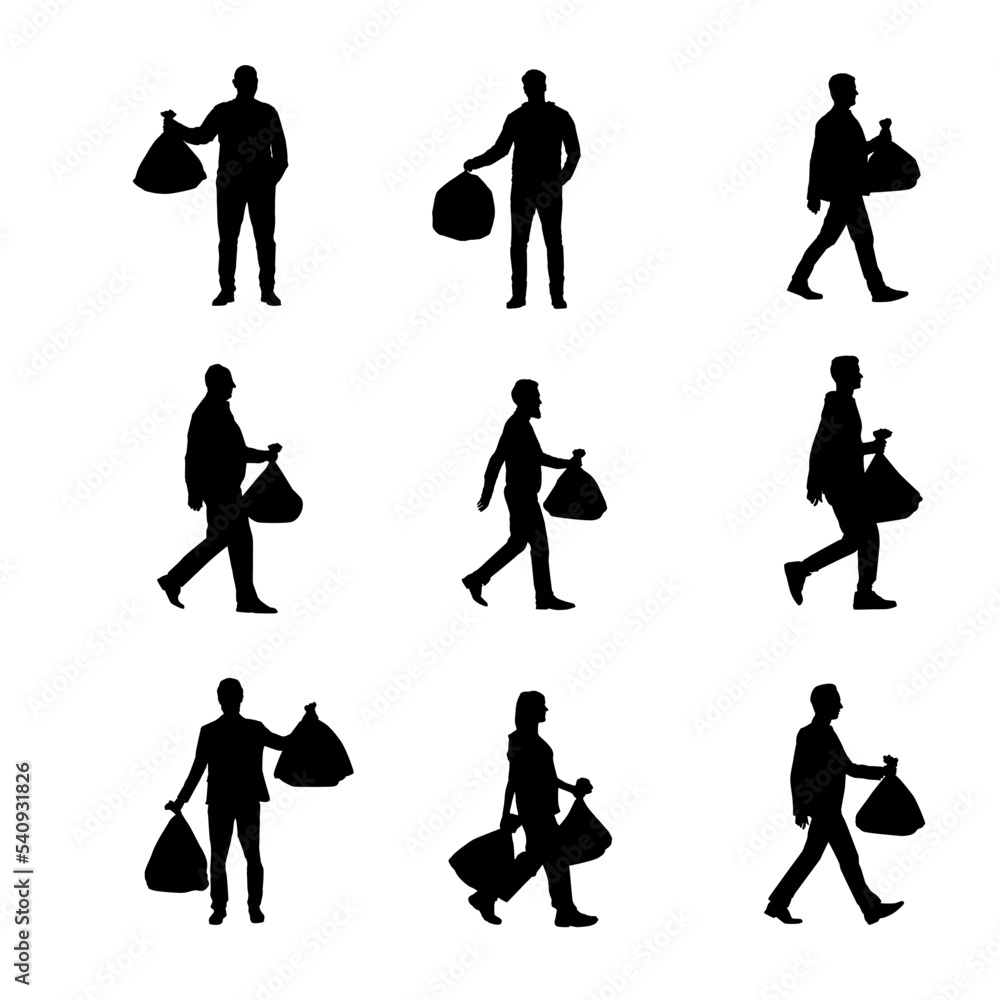 Silhouette Of People Throwing Garbage With Garbage Bags Set Stock ...
