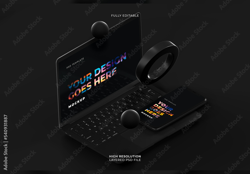 Closeup Black Smartphone on Laptop with 3D Floating Geometry Objects ...