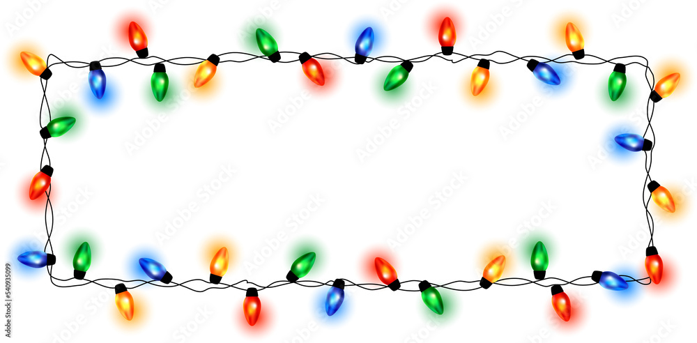 Christmas lights border, light string frame. Colorful Christmas frame ...