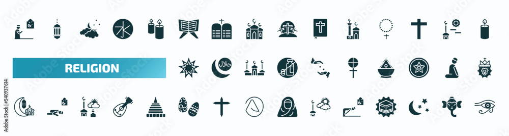 set of 40 filled religion icons. flat icons such as muslim man praying ...