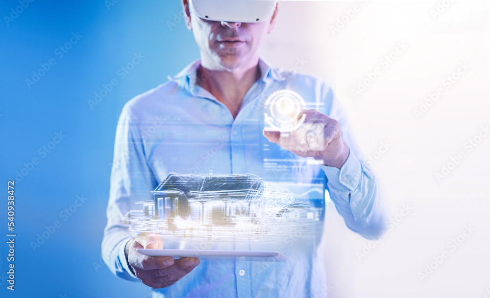 Man, vr and architect with model, building or house for 3d, virtual and ...