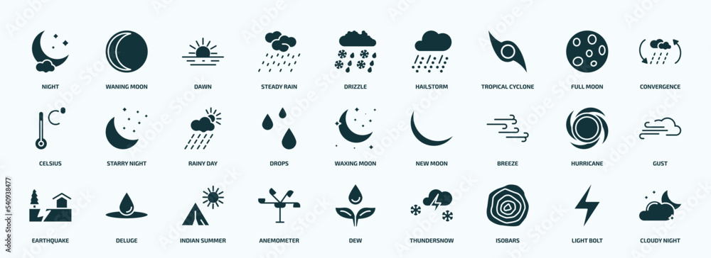 flat filled weather icons set. glyph icons such as night, steady rain ...