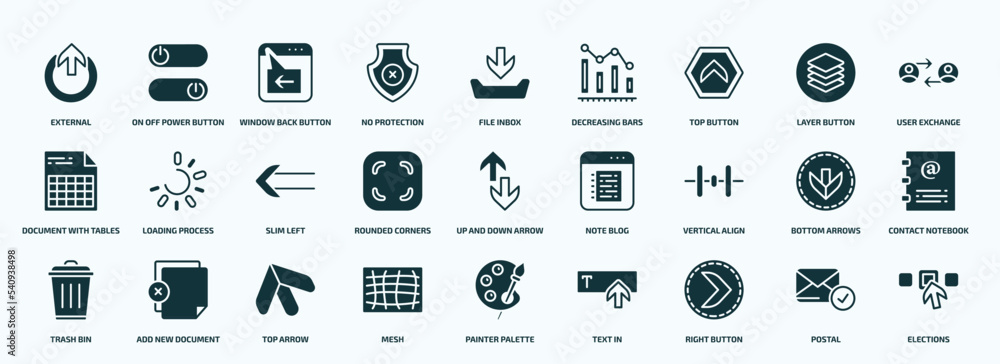 flat filled user interface icons set. glyph icons such as external, no protection, top button ...