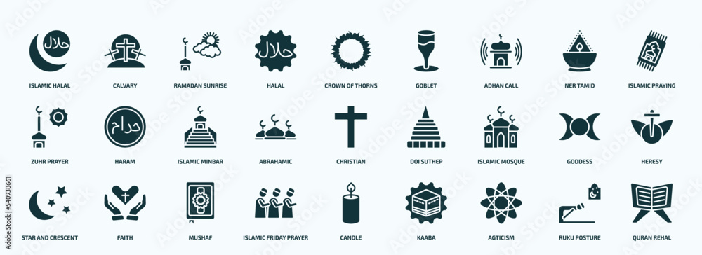 flat filled religion icons set. glyph icons such as islamic halal ...
