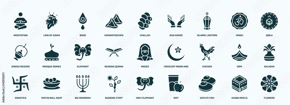 flat filled religion icons set. glyph icons such as meditation ...
