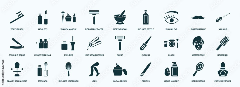 flat filled beauty icons set. glyph icons such as toothbrush ...