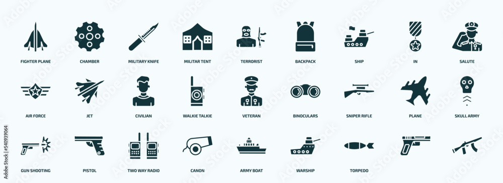 flat filled army and war icons set. glyph icons such as fighter plane ...