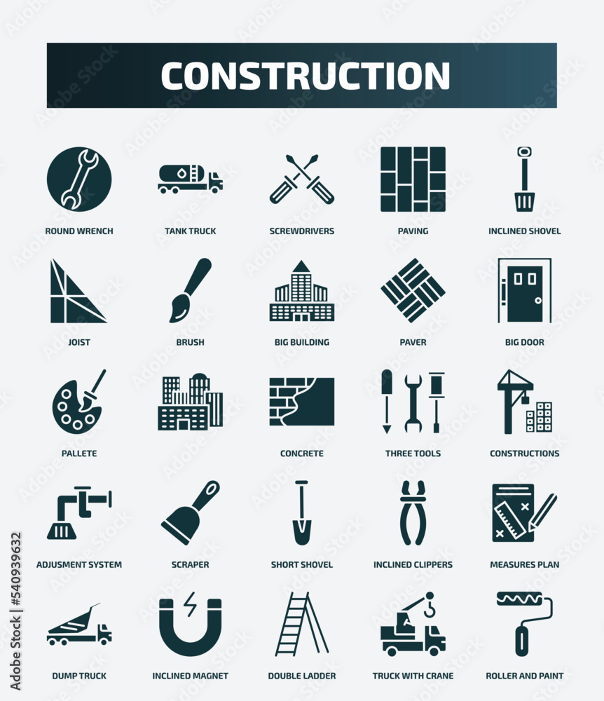 set of 25 filled construction icons. flat filled icons such as round wrench, tank truck ...