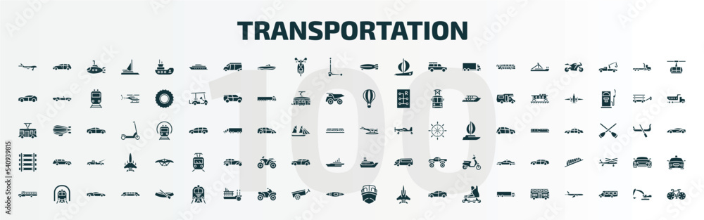 set of 100 transportation filled icons set. flat icons such as jumbo jet, ferry boat, dirigible ...