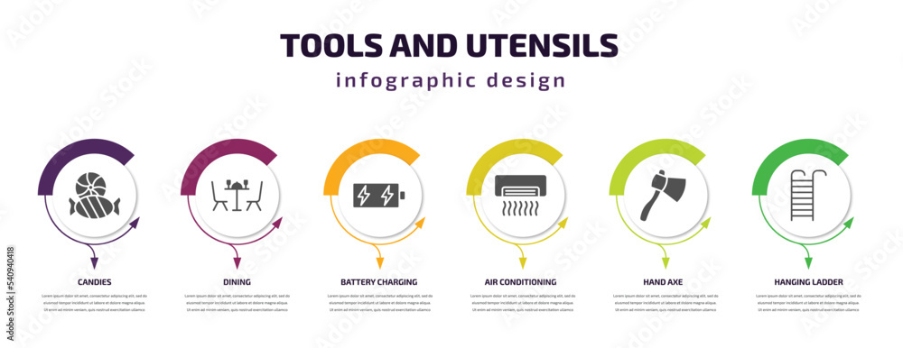 tools and utensils infographic template with icons and 6 step or option ...