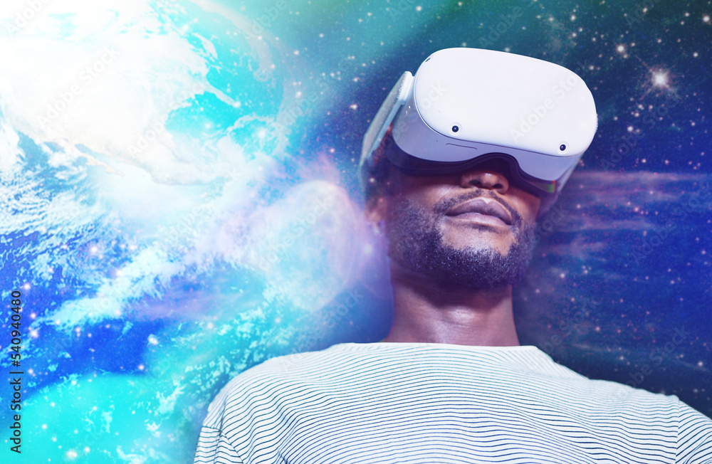 Virtual reality, futuristic and black man playing game in a galaxy ...