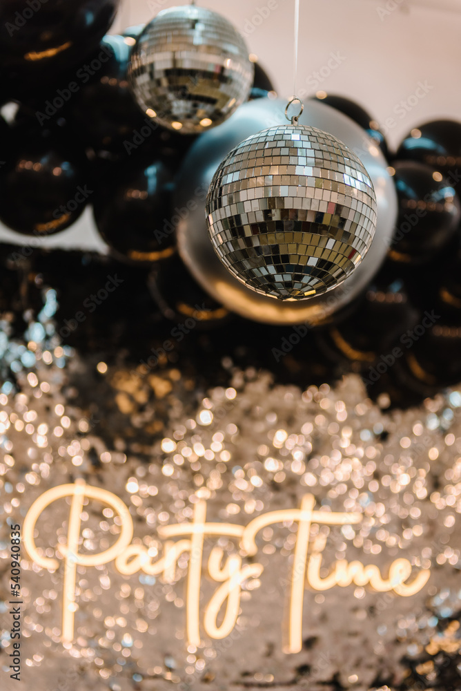 Disco ball. Happy New Year 2023. Bright glowing disco ball on photo ...