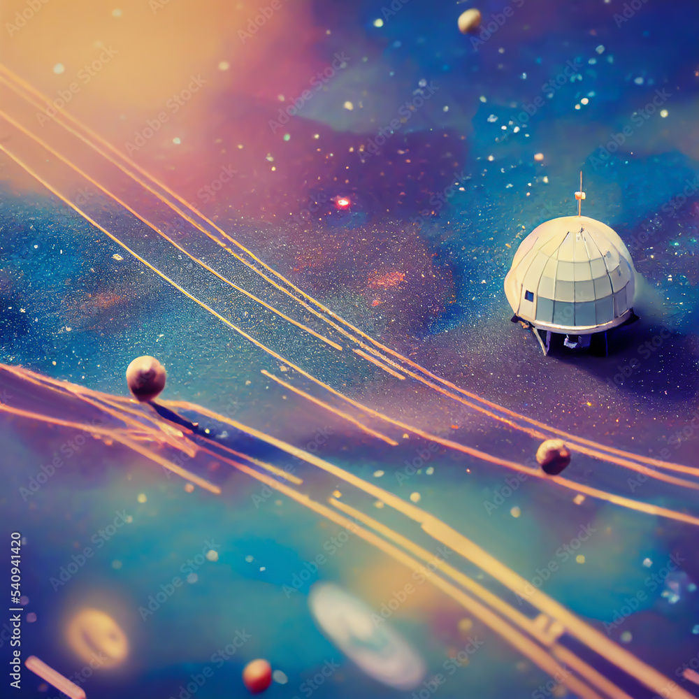 3D rendering of cute space station and alien planets, outer space ...