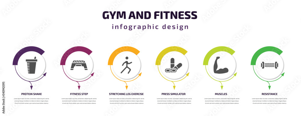 gym and fitness infographic template with icons and 6 step or option ...