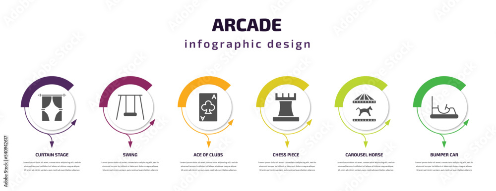 arcade infographic template with icons and 6 step or option. arcade ...