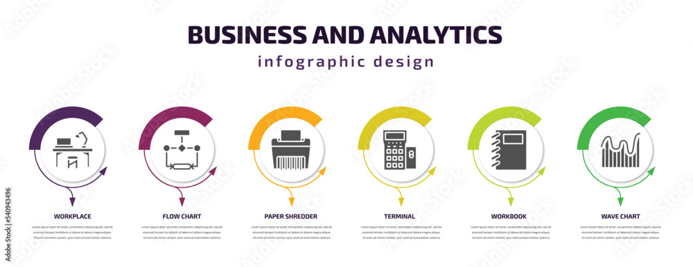 business and analytics infographic template with icons and 6 step or ...