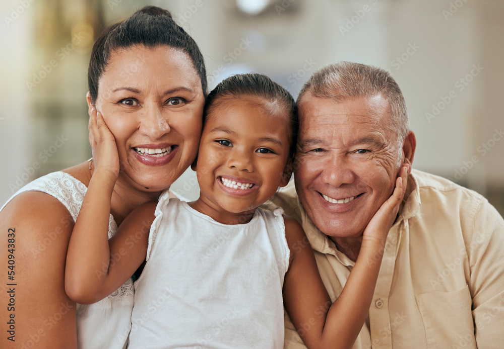 Family, portrait and face of girl with grandparents in living room ...