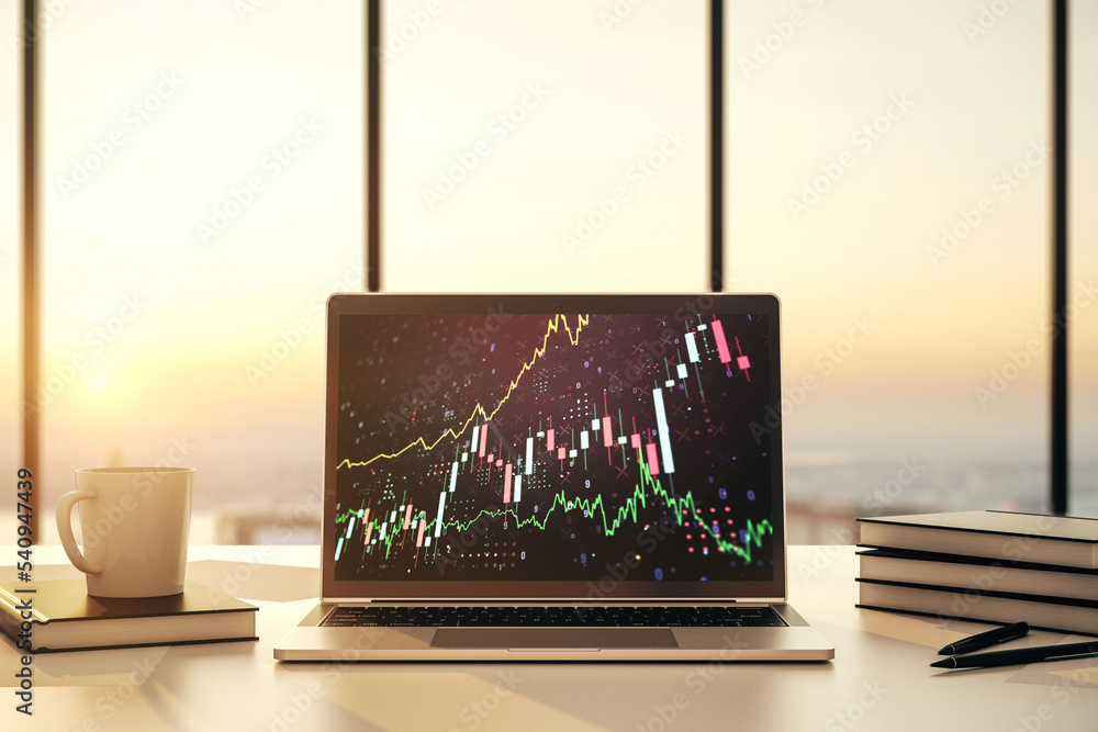 Computer monitor with abstract financial graph, finance and trading ...