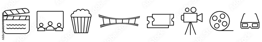 Cinema icons set. Movie line symbols isolated on white background Stock ...