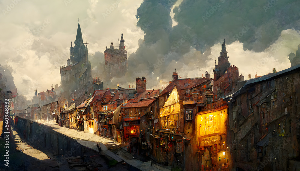 fantasy medieval town street with pavement and illumination, neural ...