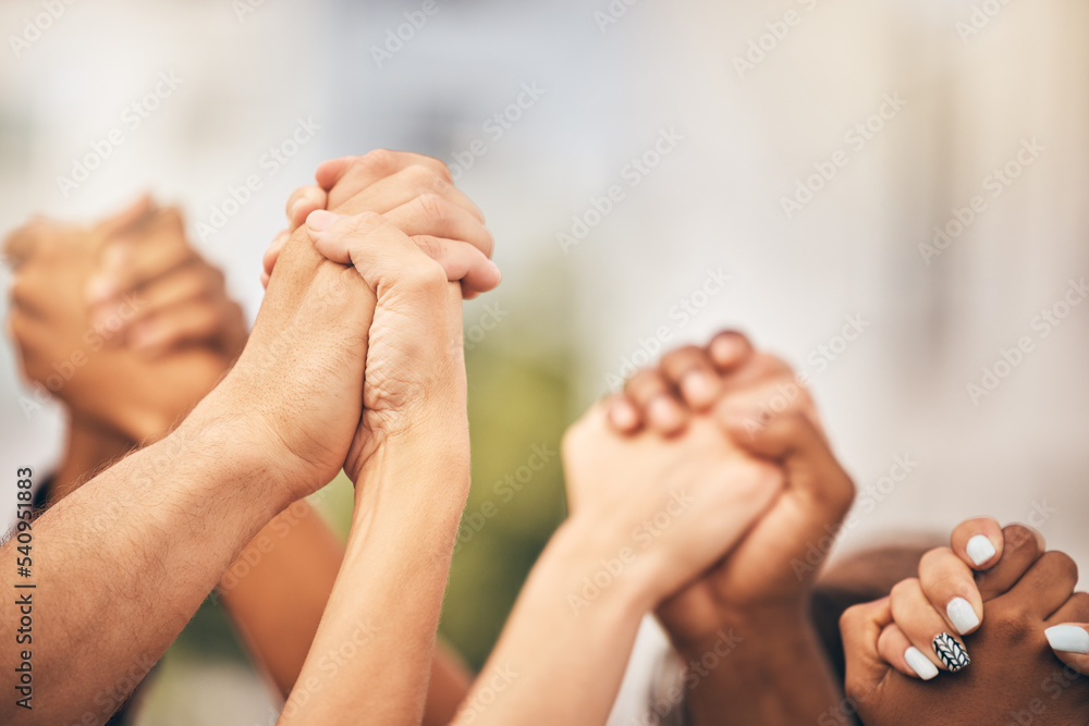 Diversity, community collaboration and holding hands in air strong together or racial ...