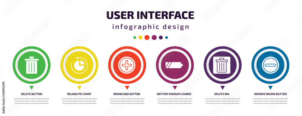 user interface infographic element with icons and 6 step or option. user interface icons such as ...