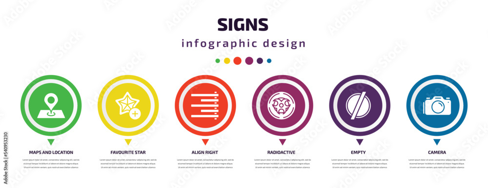 signs infographic element with icons and 6 step or option. signs icons ...