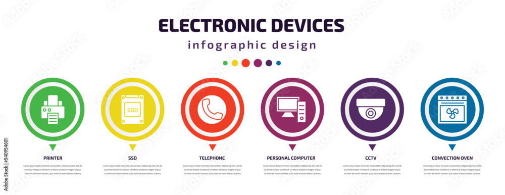 electronic devices infographic element with icons and 6 step or option ...