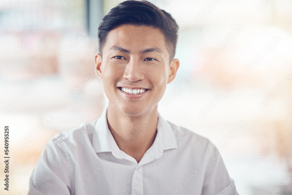 Asian, businessman and portrait smile with happy vision for success against a bokeh background ...