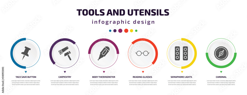 tools and utensils infographic element with icons and 6 step or option ...