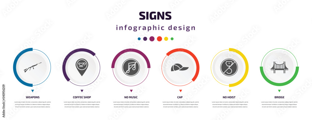 signs infographic element with icons and 6 step or option. signs icons ...