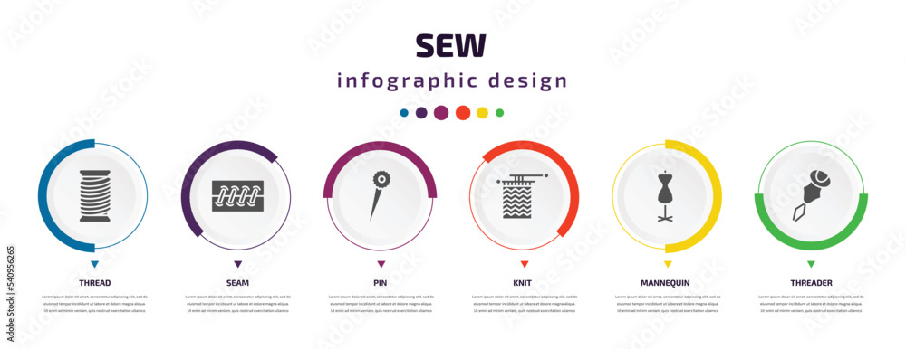 sew infographic element with icons and 6 step or option. sew icons such ...