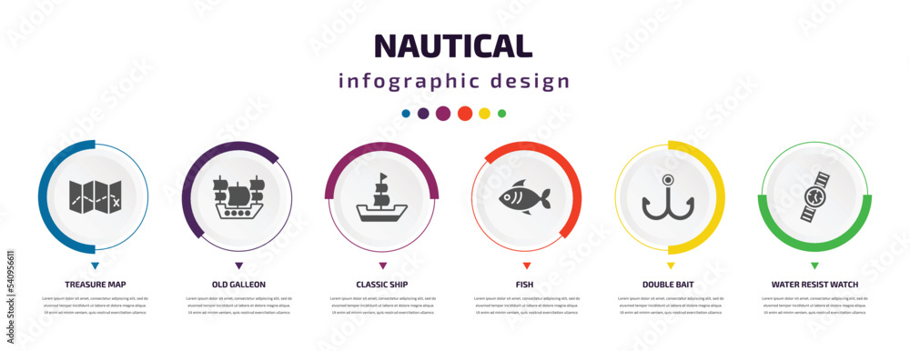 nautical infographic element with icons and 6 step or option. nautical ...