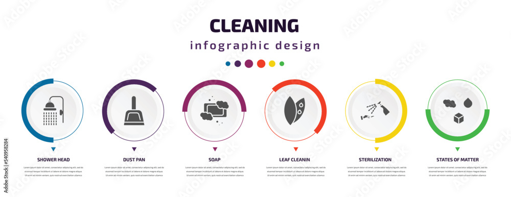 cleaning infographic element with icons and 6 step or option. cleaning ...