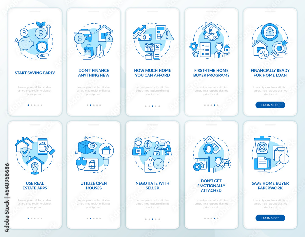 Ready To Buy House Blue Onboarding Mobile App Screen Set Homeowner Walkthrough 5 Steps Editable