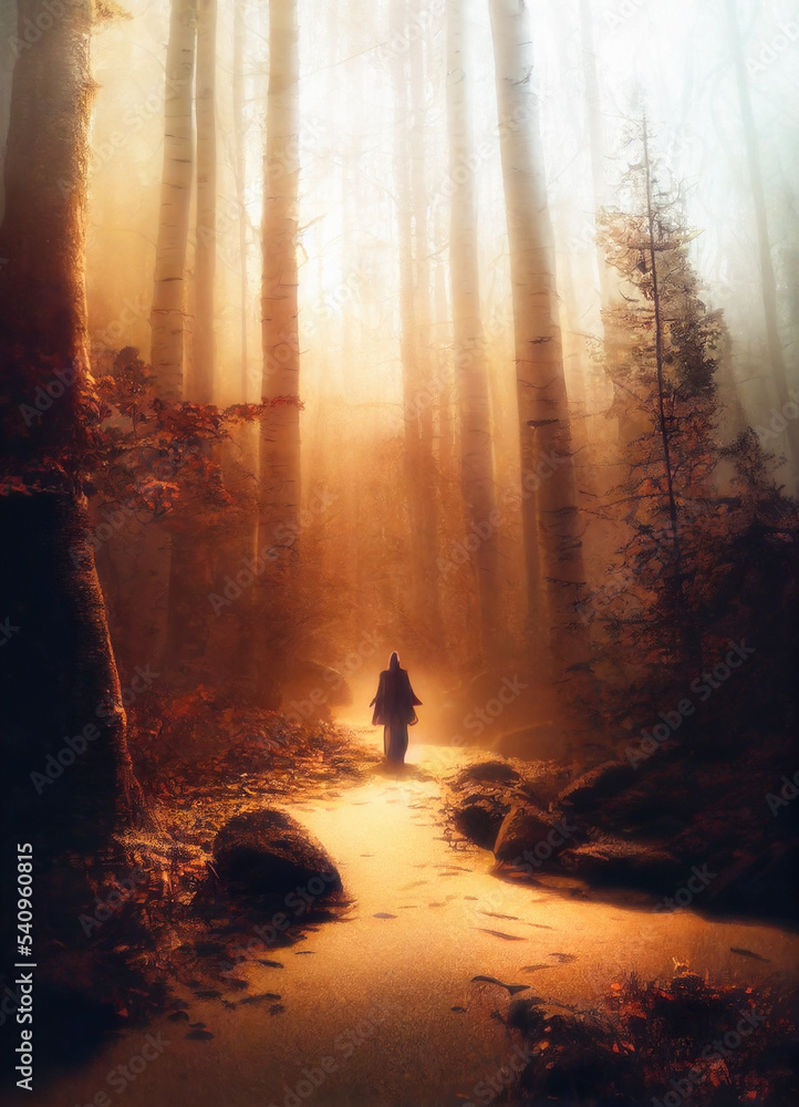 Mysterious person walking on a trail in misty fantasy forest, digital ...