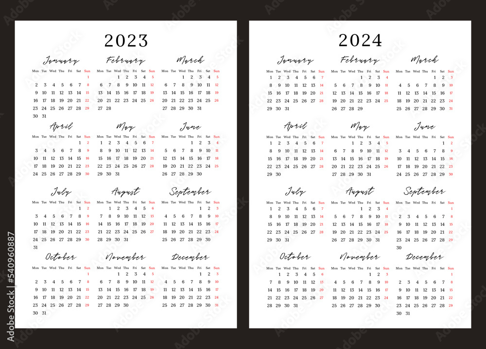 calendar 2023 and 2024, week starts on Monday, basic business template ...