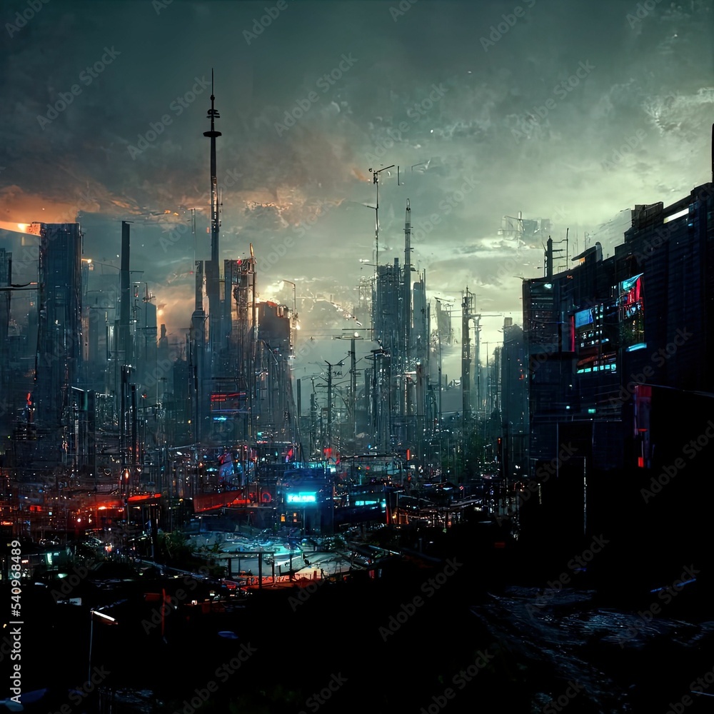 AI generated digital art of a post-apocalyptic futuristic city with ...